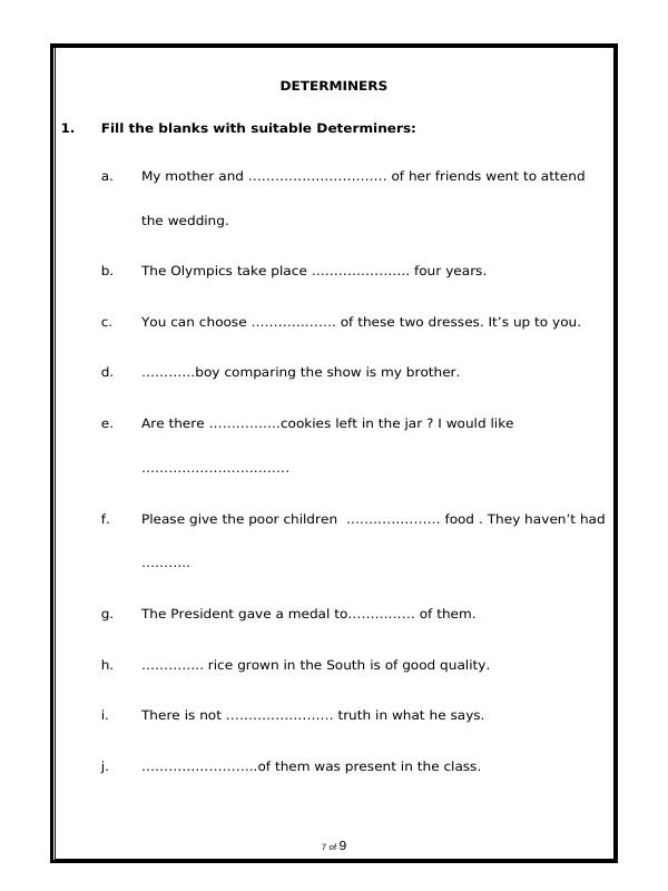 A2Zworksheets:Worksheet of Determiners-Grammar-English