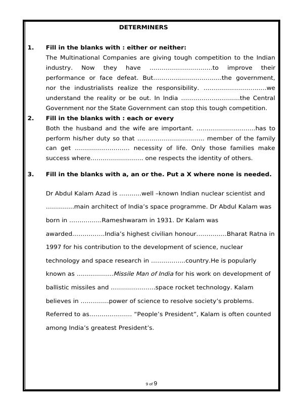 A2Zworksheets:Worksheet of Determiners-Grammar-English