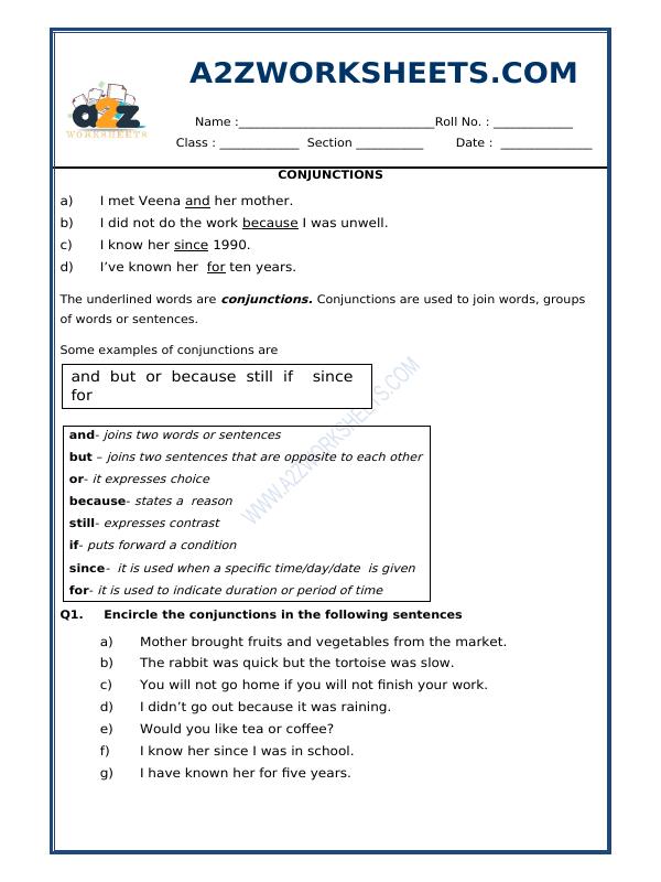 A2Zworksheets:Worksheet of Conjunctions-Grammar-English
